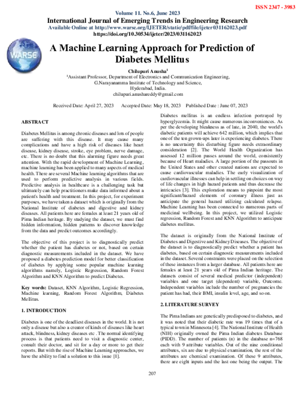 (PDF) A Machine Learning Approach for Prediction of Diabetes Mellitus