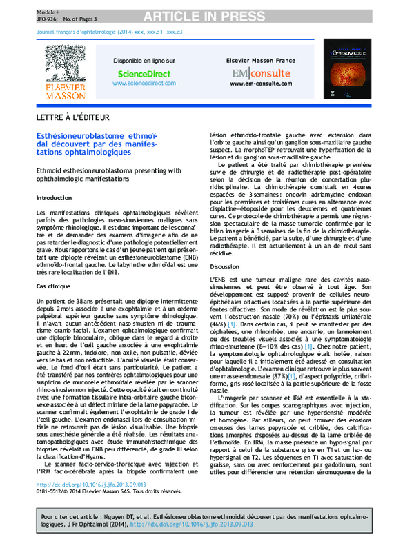 (PDF) Esthésioneuroblastome ethmoïdal découvert par des manifestations ...