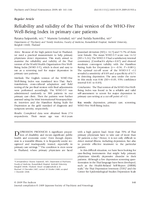 (PDF) Reliability and validity of the Thai version of the WHO-Five Well ...