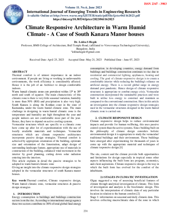 (PDF) Climate Responsive Architecture in Warm Humid Climate - A Case of ...