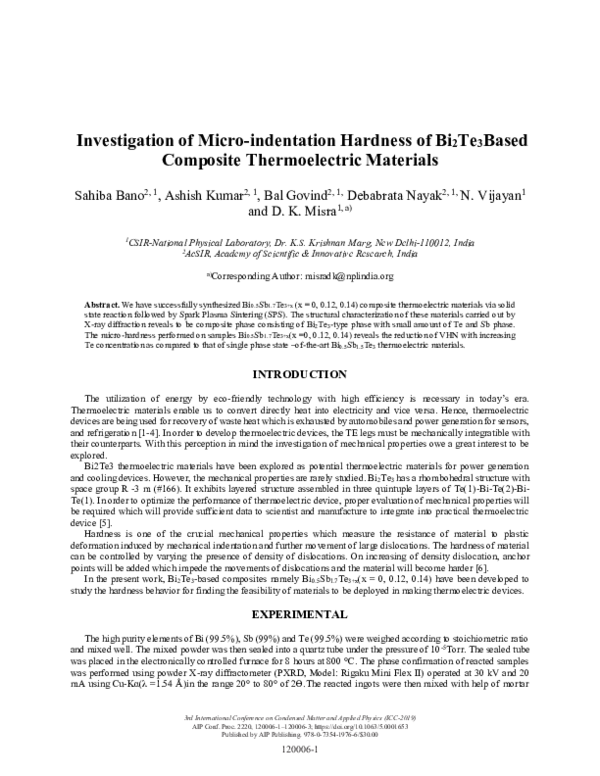 (PDF) Investigation of micro-indentation hardness of Bi2Te3 based composite thermoelectric materials