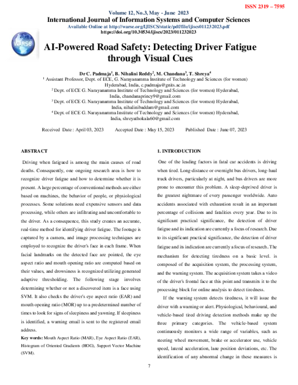 (PDF) AI-Powered Road Safety: Detecting Driver Fatigue through Visual Cues