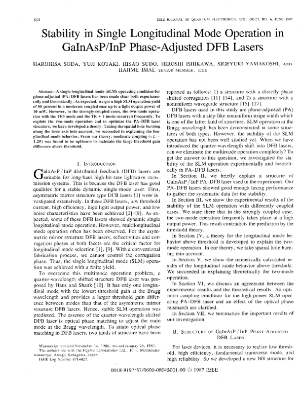 (PDF) Stability in single longitudinal mode operation in GaInAsP/InP phase-adjusted DFB lasers