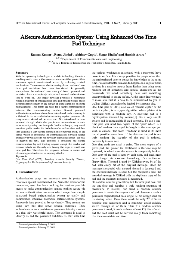 (PDF) A Secure Authentication System-Using Enhanced One Time Pad Technique