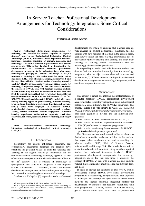 (PDF) In-Service Teacher Professional Development Arrangements for Technology Integration: Some ...