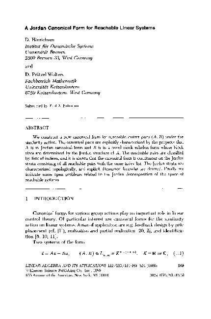 (PDF) Jordan Form for Reachable Matrix Pairs