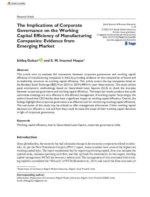 (PDF) The Implications of Corporate Governance on the Working Capital Efficiency of ...