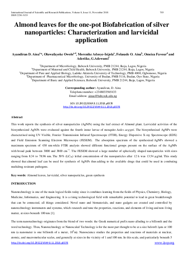 (PDF) Almond Leaf-Derived AgNPs: Synthesis and Larvicidal Effects