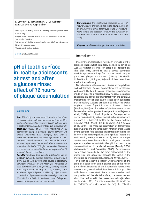 (PDF) pH of tooth surface in healthy adolescents at rest and after a ...