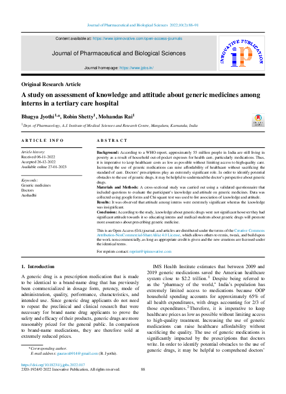 (PDF) A study on assessment of knowledge and attitude about generic ...