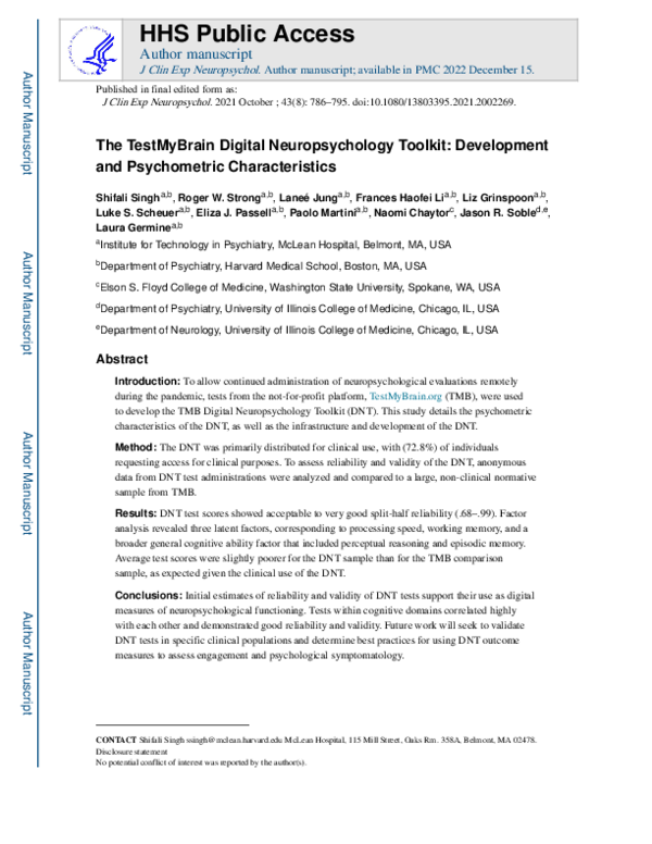 (PDF) The TestMyBrain Digital Neuropsychology Toolkit: Development and ...