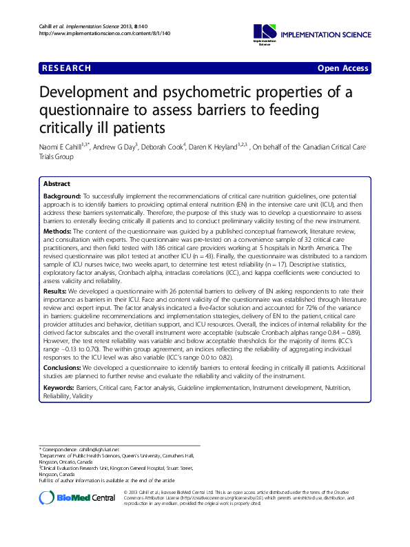 (PDF) Development and psychometric properties of a questionnaire to assess barriers to feeding ...