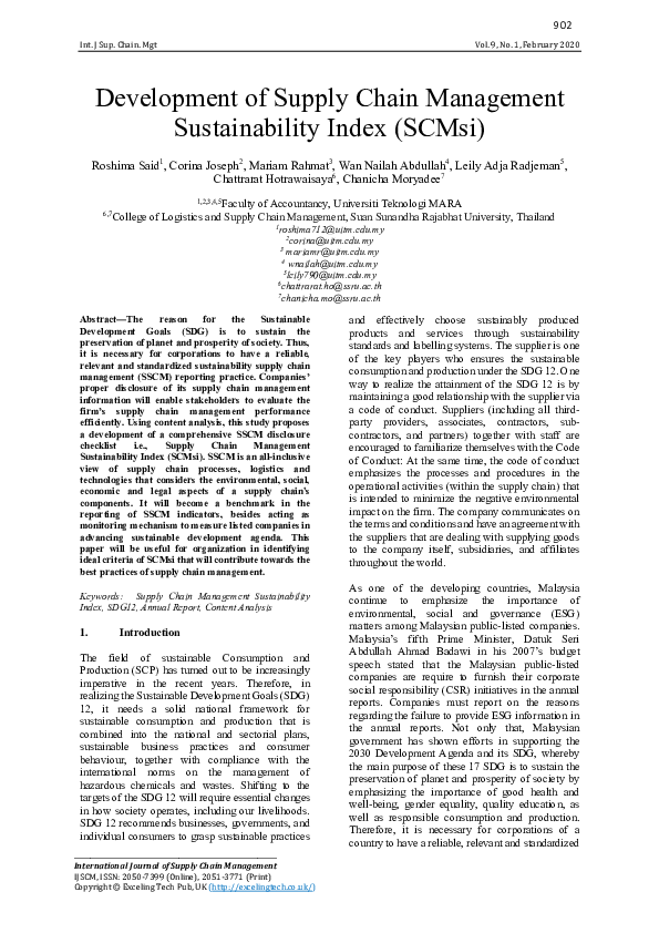 (PDF) Development of Supply Chain Management Sustainability Index (SCMsi)