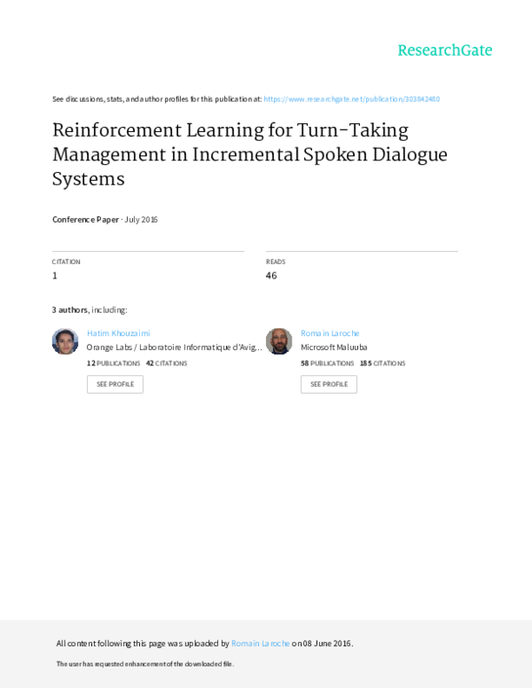 (PDF) Reinforcement Learning for Turn-Taking Management in Incremental ...