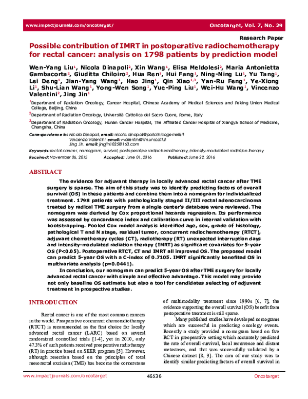 (PDF) Possible contribution of IMRT in postoperative radiochemotherapy for rectal cancer ...