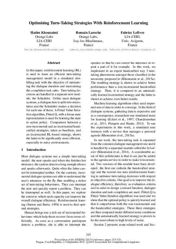 Pdf Optimising Turn Taking Strategies With Reinforcement Learning Hatim Khouzaimi