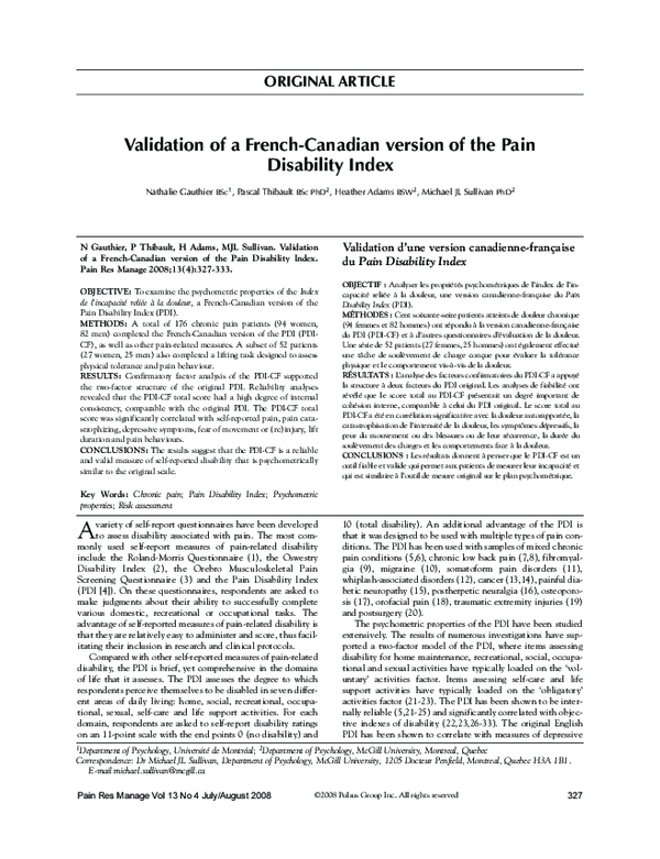 (PDF) Validation of a French-Canadian Version of the Pain Disability ...