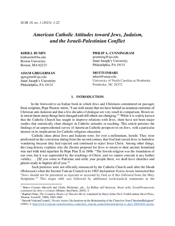(PDF) American Catholic Attitudes toward Jews, Judaism, and the Israeli ...