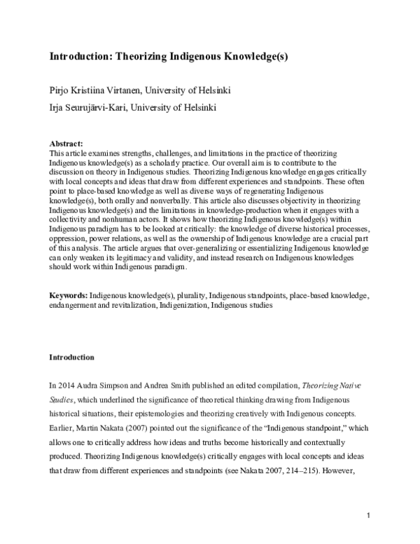 (PDF) Introduction : Theorizing Indigenous Knowledge(s)