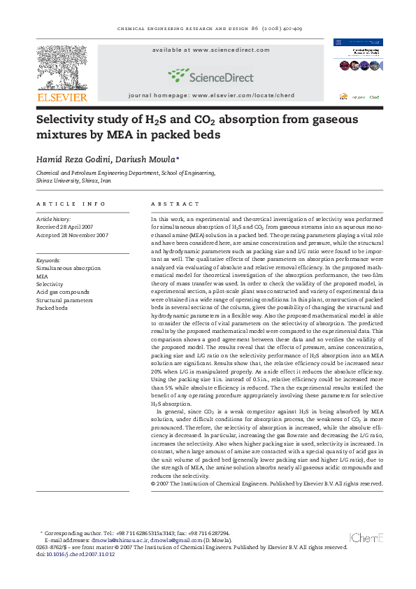 (PDF) Selectivity study of H2S and CO2 absorption from gaseous mixtures ...