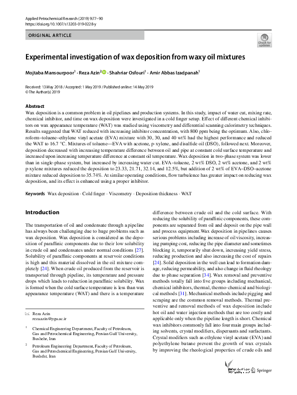 (PDF) Experimental Investigation of Wax Deposition in Kermanshah Crude ...