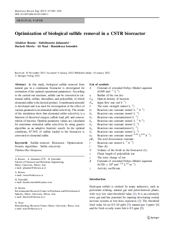 (PDF) Optimization of biological sulfide removal in a CSTR bioreactor