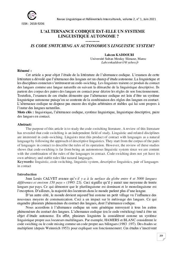 (PDF) L'alternance codique est-elle un système linguistique autonome