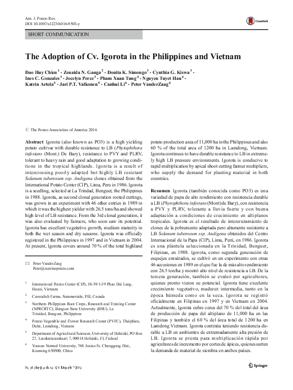 (PDF) The Adoption of Cv. Igorota in the Philippines and Vietnam