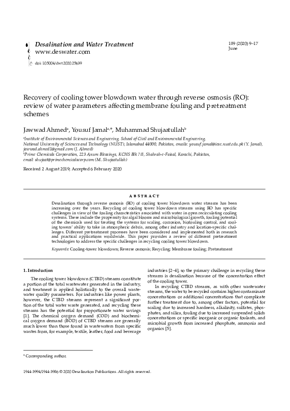 (PDF) Recovery of cooling tower blowdown water through reverse osmosis (RO): review of water ...