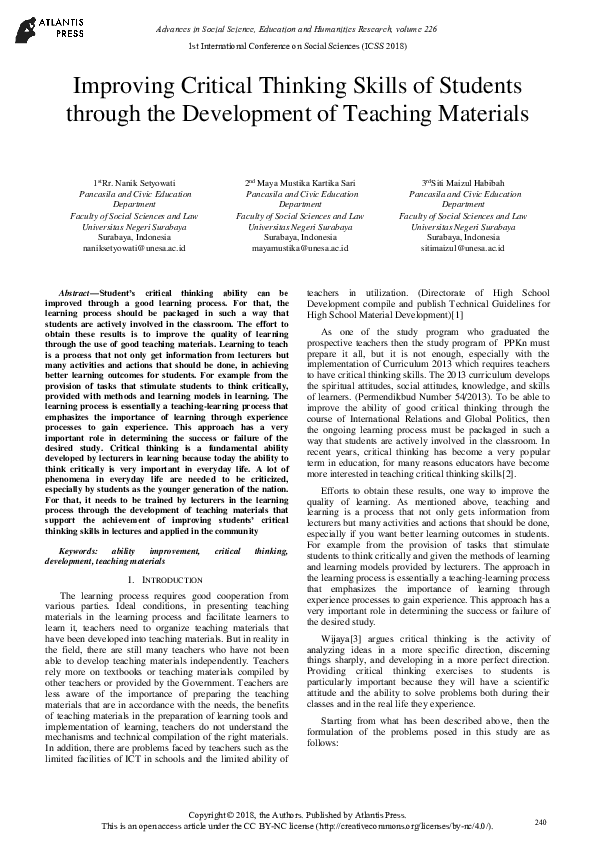 (PDF) Improving Critical Thinking Skills of Students through the Development of Teaching Materials