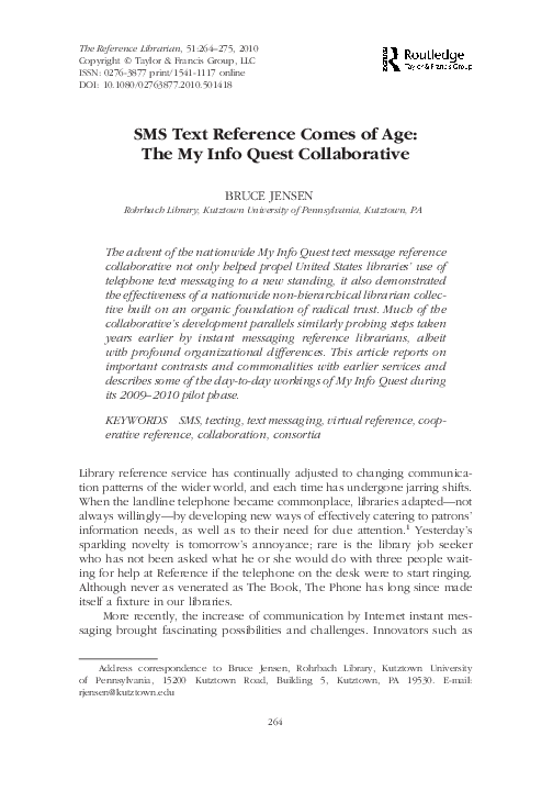 (PDF) SMS Text Reference Comes of Age: The My Info Quest Collaborative