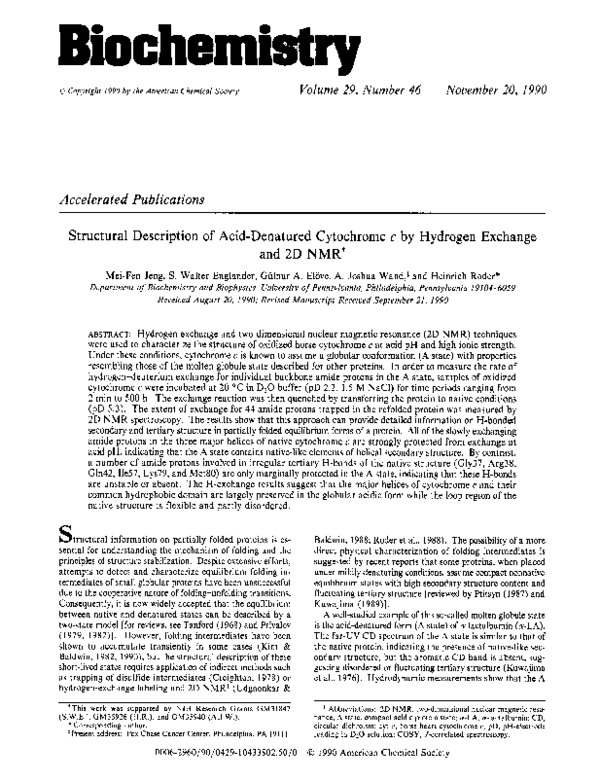 (PDF) Structural description of acid-denatured cytochrome c by hydrogen ...