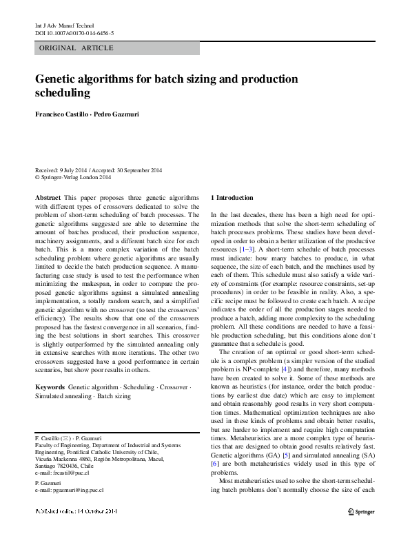 Pdf Genetic Algorithms For Batch Sizing And Production Scheduling