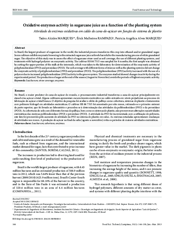 (PDF) Oxidative enzymes activity in sugarcane juice as a function of ...