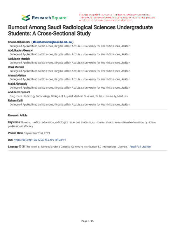 (PDF) Burnout Among Saudi Radiological Sciences Undergraduate Students: A Cross-Sectional Study