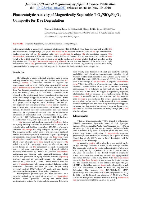 (PDF) Photocatalytic Activity of Magnetically Separable TiO2/SiO2/Fe3O4 Composite for Dye ...
