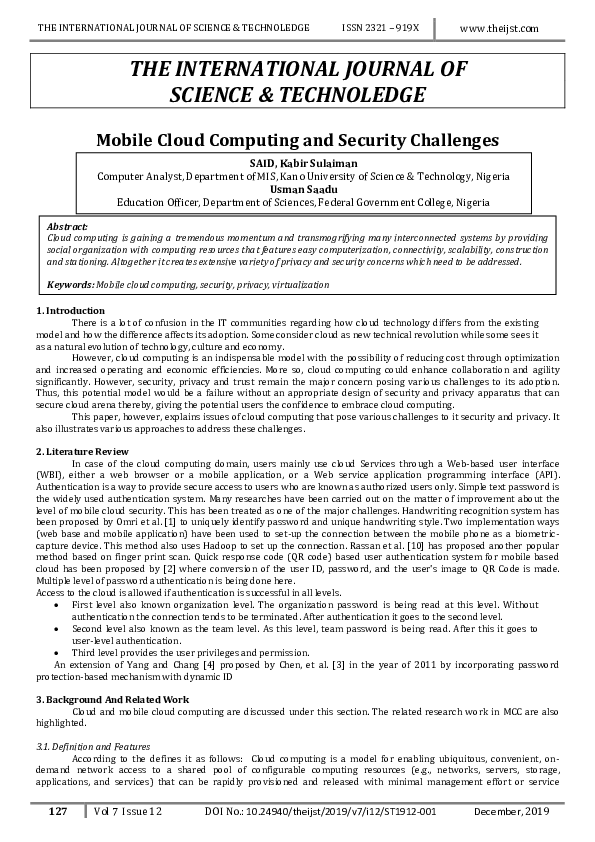 Pdf Mobile Cloud Computing And Security Challenges Kabir Muhammad Sulaiman
