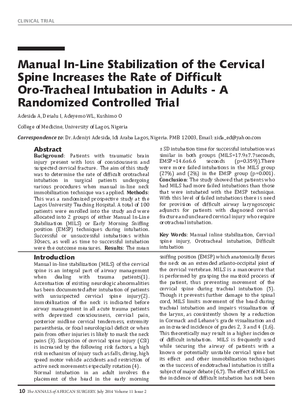 (PDF) Manual In-Line Stabilization of the Cervical Spine Increases the ...