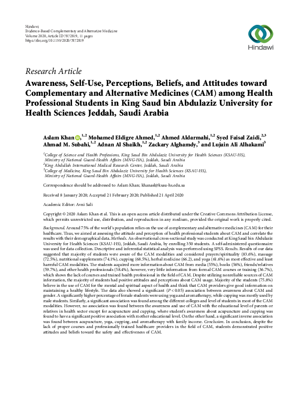 (PDF) Awareness, Self-Use, Perceptions, Beliefs, and Attitudes toward Complementary and ...