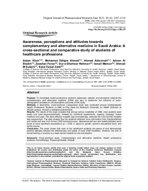 (PDF) Awareness, perceptions and attitudes towards complementary and alternative medicine in ...