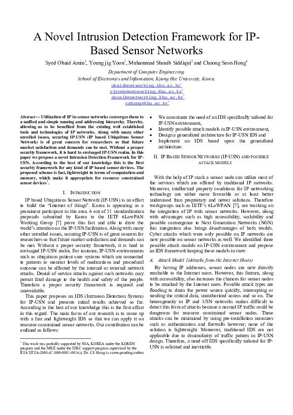 (PDF) A novel intrusion detection framework for IP-based sensor networks