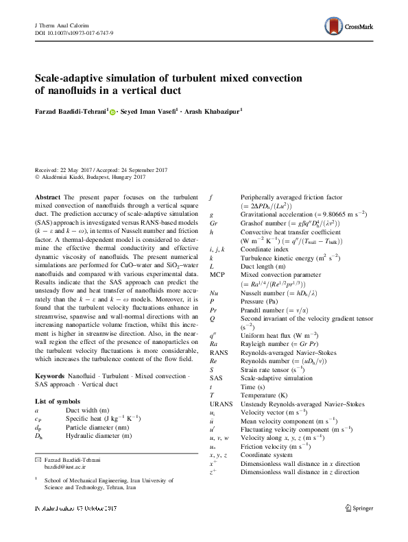 (PDF) Scale-adaptive simulation of turbulent mixed convection of nanofluids in a vertical duct