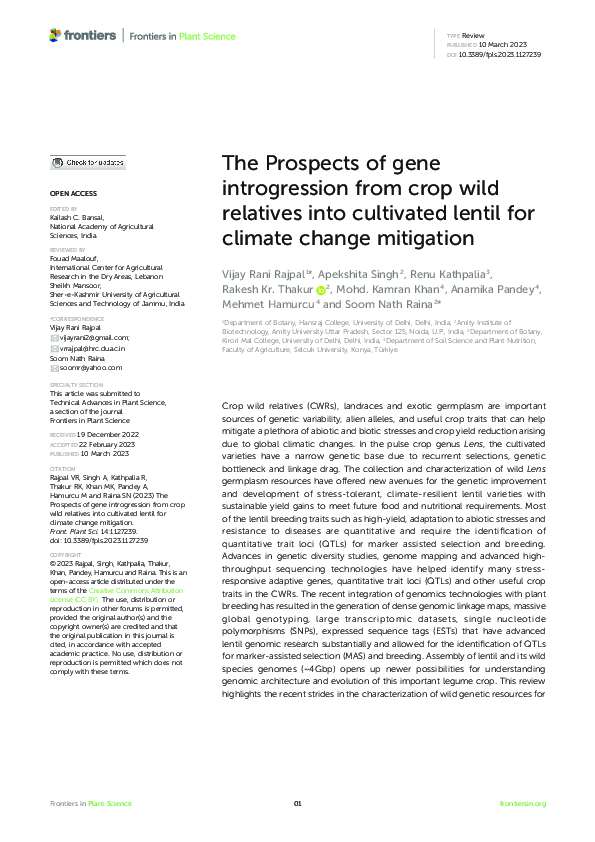 (PDF) The Prospects of gene introgression from crop wild relatives into cultivated lentil for ...
