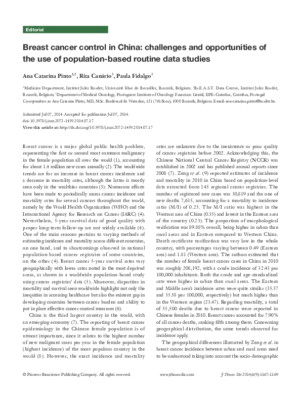 (PDF) Breast cancer control in China: challenges and opportunities of the use of population ...