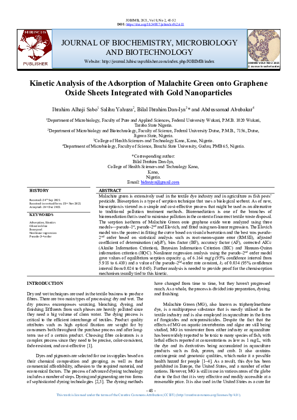 (PDF) Kinetic Analysis of the Adsorption of Malachite Green onto Graphene Oxide Sheets ...