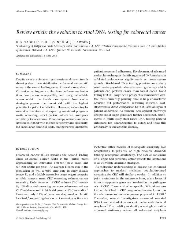 (PDF) The evolution to stool DNA testing for colorectal cancer