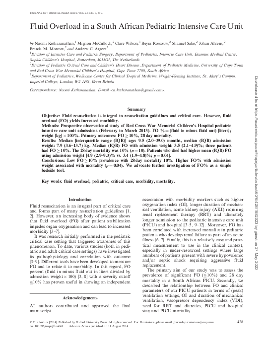(PDF) Fluid overload in a South African pediatric intensive care unit