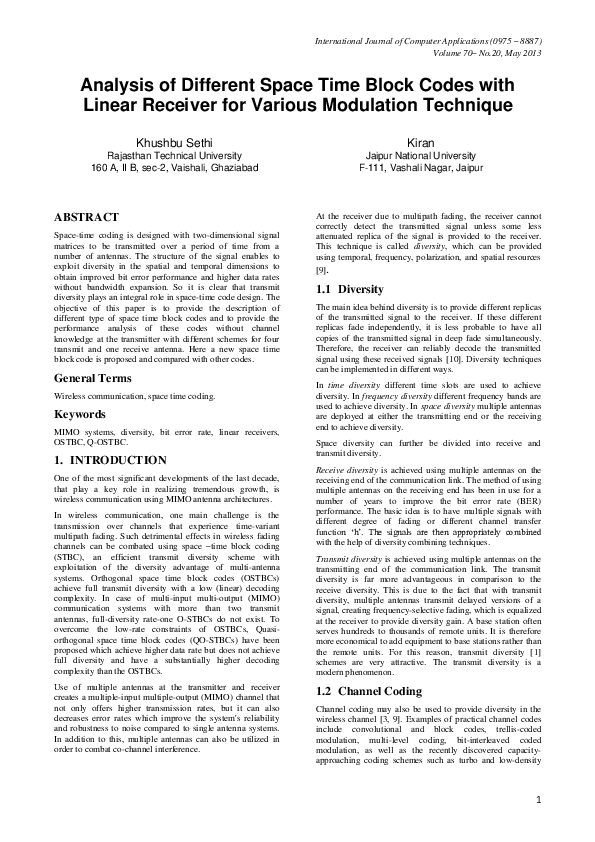 Pdf Analysis Of Different Space Time Block Codes With Linear Receiver For Various Modulation 