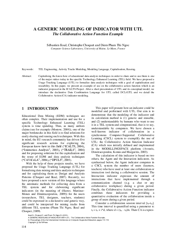 (PDF) A GENERIC MODELING OF INDICATOR WITH UTL - The Collaborative Action Function Example