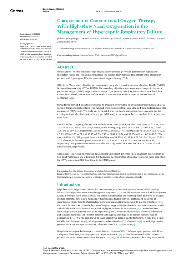 (PDF) Comparison of Conventional Oxygen Therapy With High-Flow Nasal ...